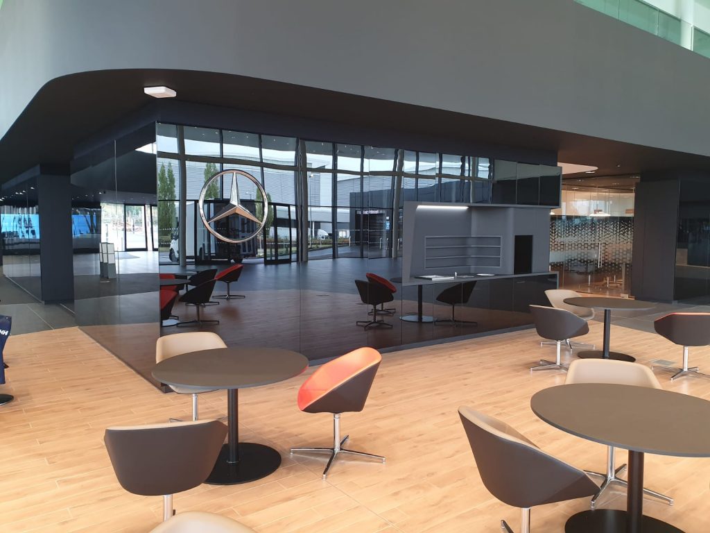 Bespoke automotive car showroom counters reception breakout areas